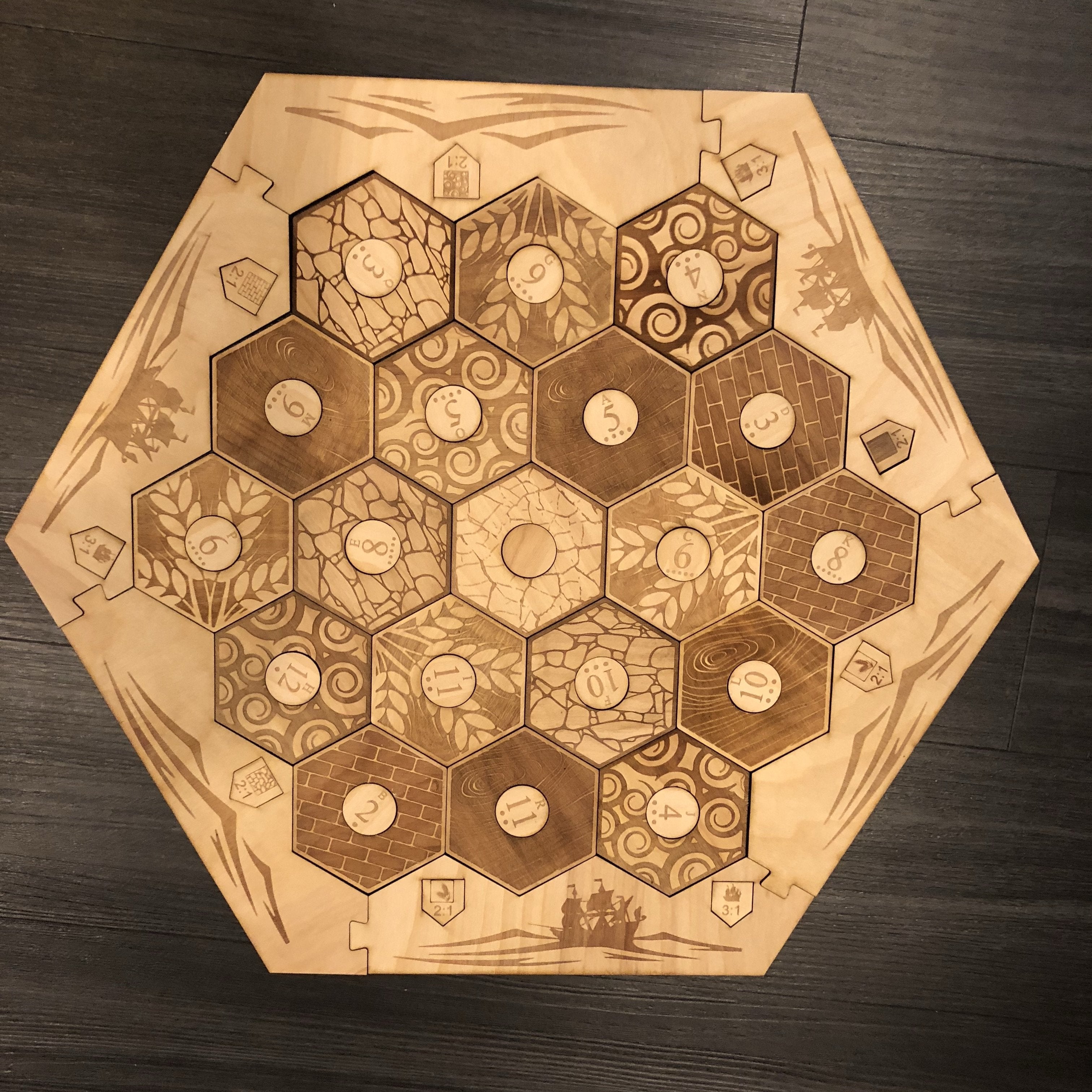 Catan Compatible Board Set with Laser Etched Terrain, Border and Numbe ...